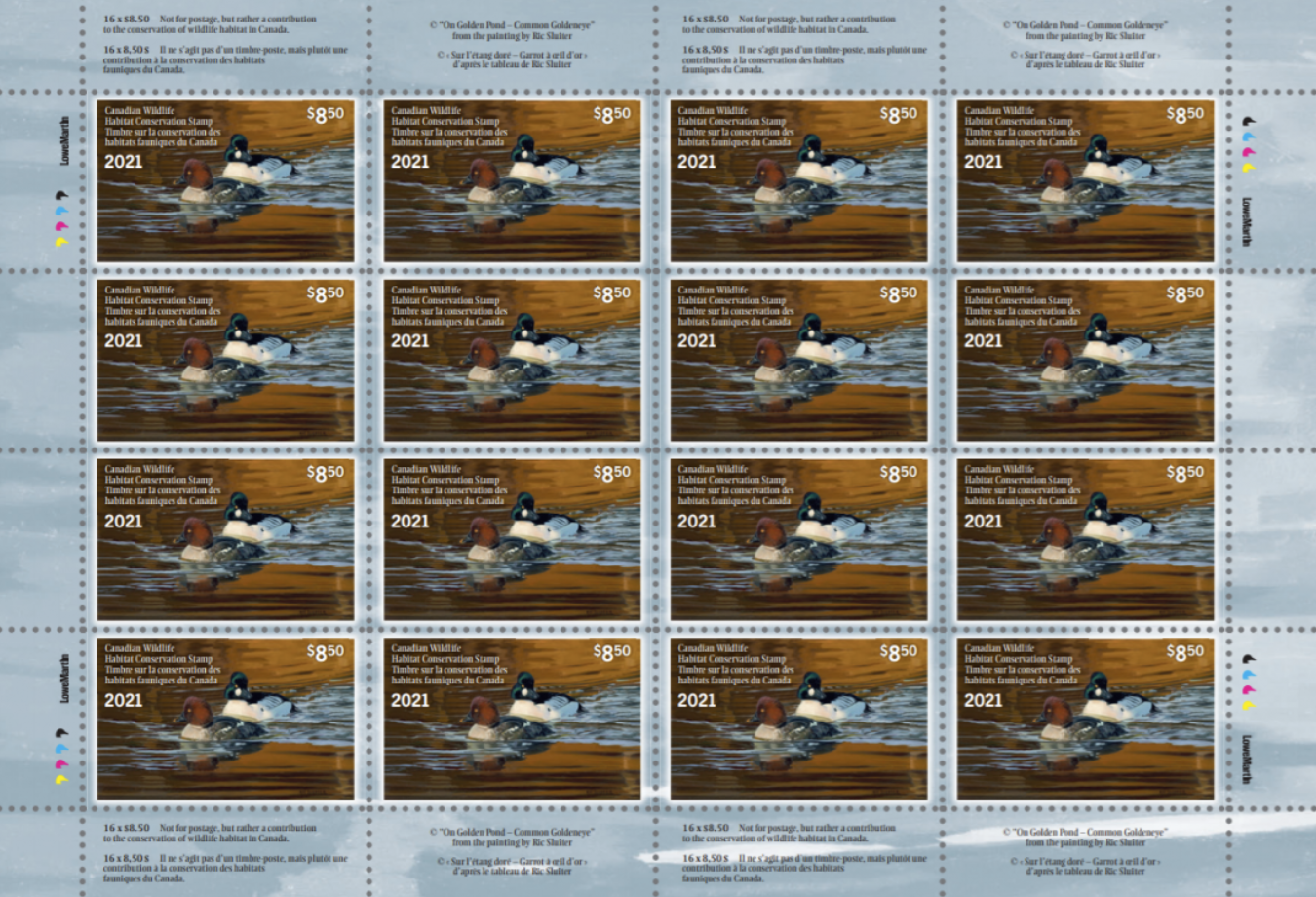 2021 “On Golden Pond – Common Goldeneye” Ric Sluiter Sheet of 16 Stamps ...